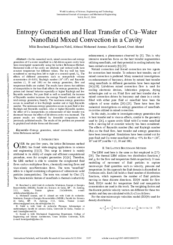 Pdf Entropy Generation And Heat Transfer Of Cu Water Nanofluid Mixed Convection In A Cavity