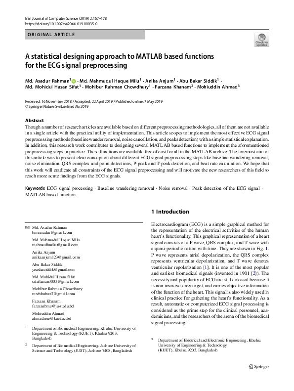 Pdf A Statistical Designing Approach To Matlab Based Functions For The Ecg Signal Preprocessing