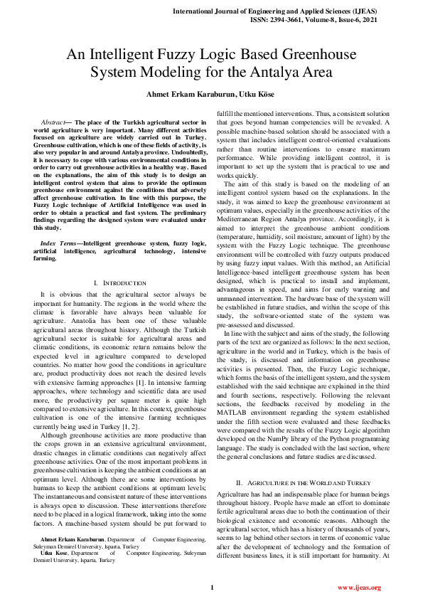 (PDF) An Intelligent Fuzzy Logic Based Greenhouse System Modeling for ...