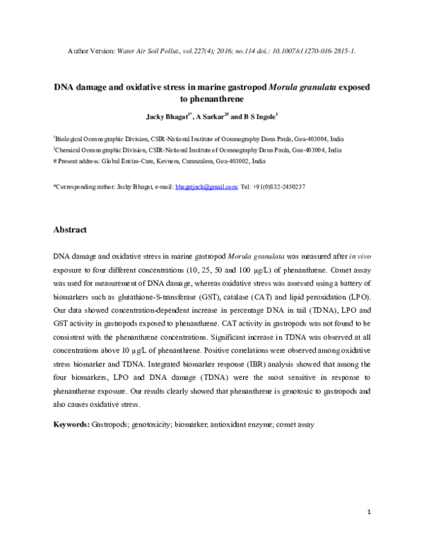 (PDF) DNA Damage and Oxidative Stress in Marine Gastropod Morula granulata Exposed to Phenanthrene