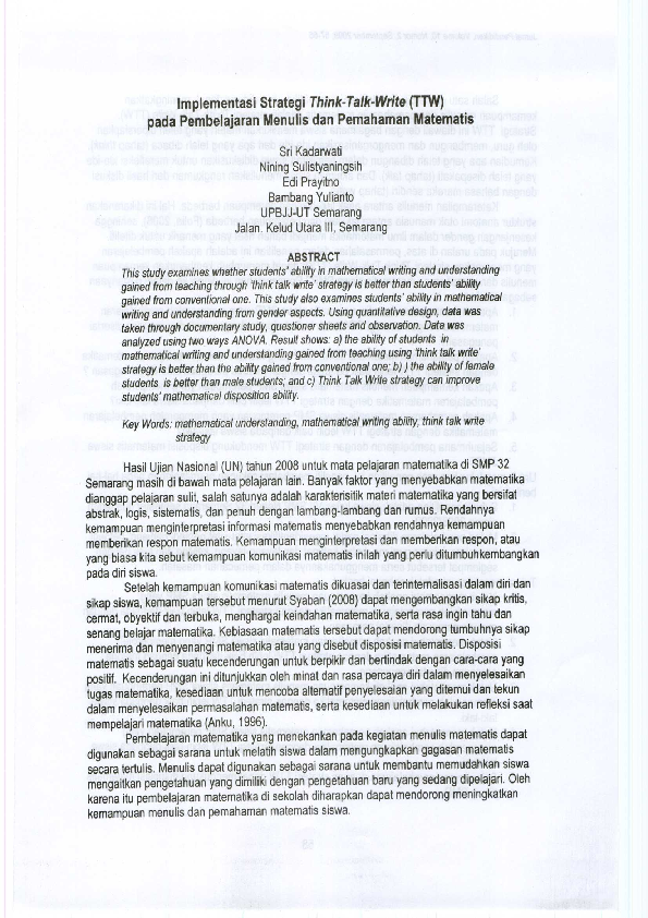 (PDF) Implementasi Strategi Think-Talk-Write (TTW) Pada Pembelajaran Menulis Dan Pemahaman Matematis