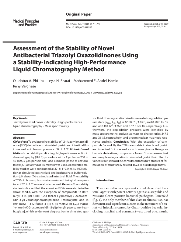 (PDF) Assessment of the Stability of Novel Antibacterial Triazolyl Oxazolidinones Using a ...