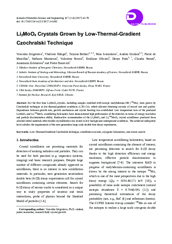 (PDF) Li2MoO4 Crystals Grown by Low-Thermal-Gradient Czochralski Technique