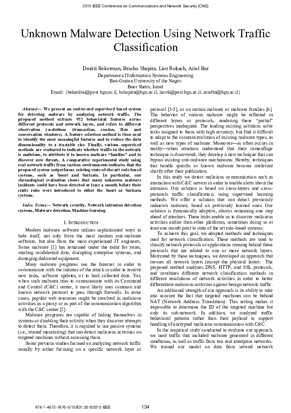 Pdf Unknown Malware Detection Using Network Traffic Classification