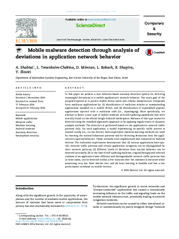 (PDF) Mobile malware detection through analysis of deviations in application network behavior