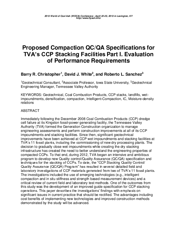 (PDF) Proposed Compaction QC / QA Specifications for TVA ’ s CCP Stacking Facilities Part I ...