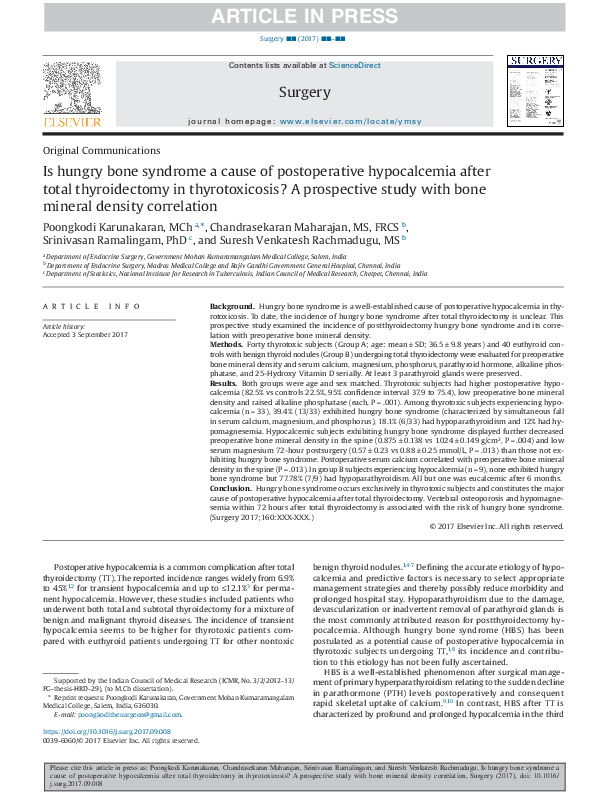 (PDF) Is hungry bone syndrome a cause of postoperative hypocalcemia after total thyroidectomy in ...
