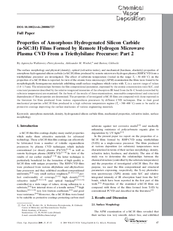 (PDF) Properties of Amorphous Hydrogenated Silicon Carbide (a‐SiC:H ...