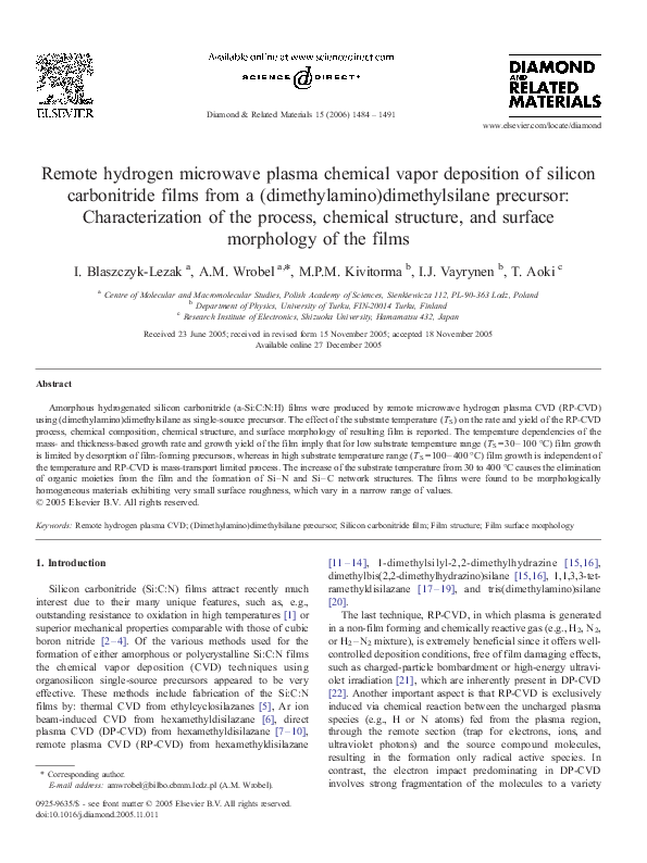 (PDF) Remote hydrogen microwave plasma chemical vapor deposition of ...
