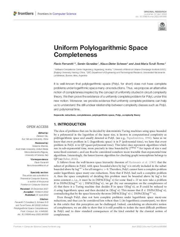 (PDF) Uniform Polylogarithmic Space Completeness
