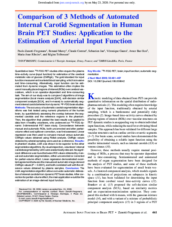 (PDF) Comparison of 3 Methods of Automated Internal Carotid Segmentation in Human Brain PET ...