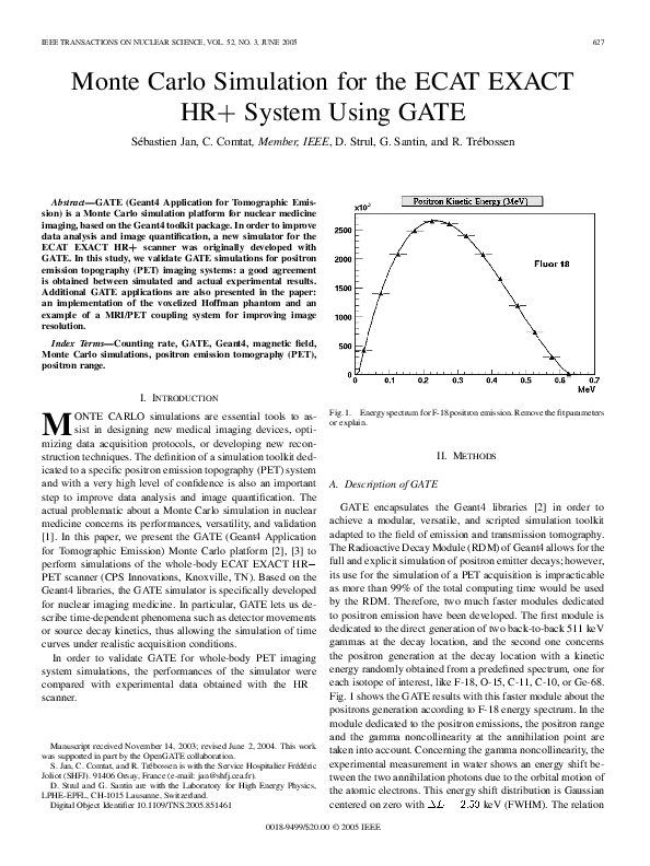 (PDF) Monte Carlo Simulation for the ECAT EXACT HR+ system using GATE