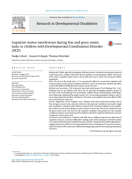 (PDF) Cognitive-motor interference during fine and gross motor tasks in children with ...