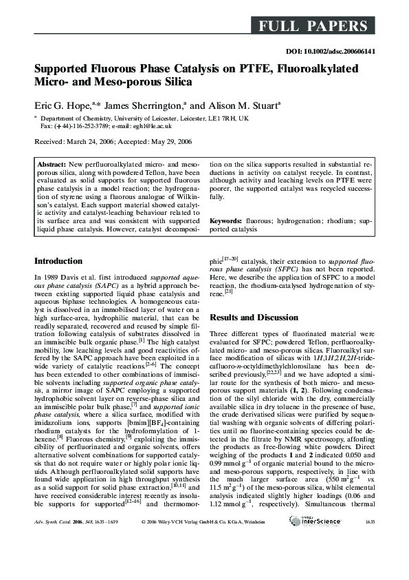 (PDF) Supported Fluorous Phase Catalysis on PTFE, Fluoroalkylated Micro ...