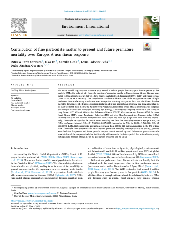 (PDF) Contribution of fine particulate matter to present and future premature mortality over ...