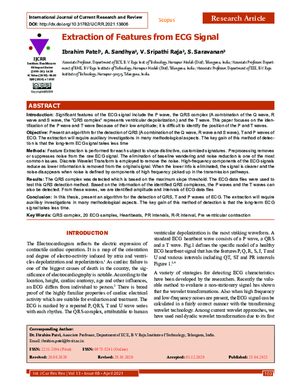 Pdf Extraction Of Features From Ecg Signal