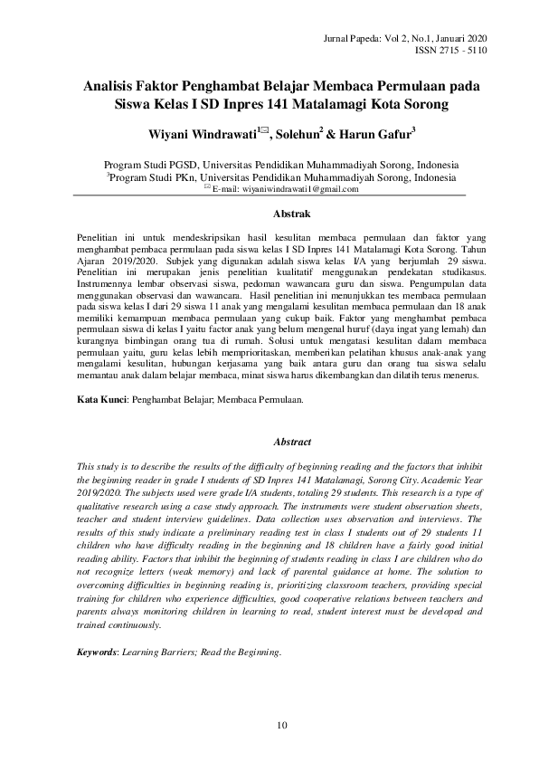 (PDF) Analisis Faktor Penghambat Belajar Membaca Permulaan pada Siswa Kelas I SD Inpres 141 ...
