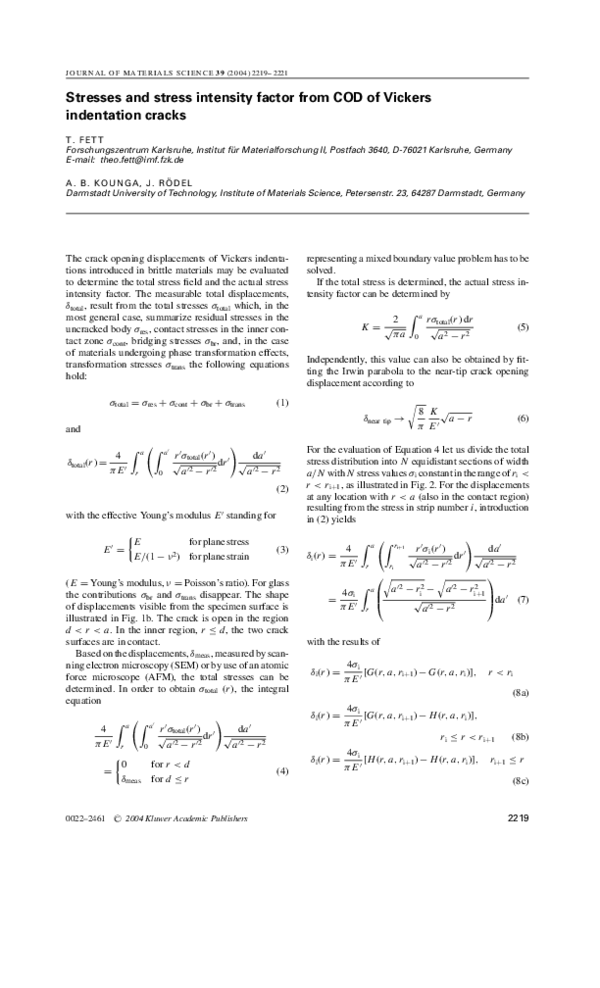 (PDF) Stresses and stress intensity factor from COD of Vickers ...