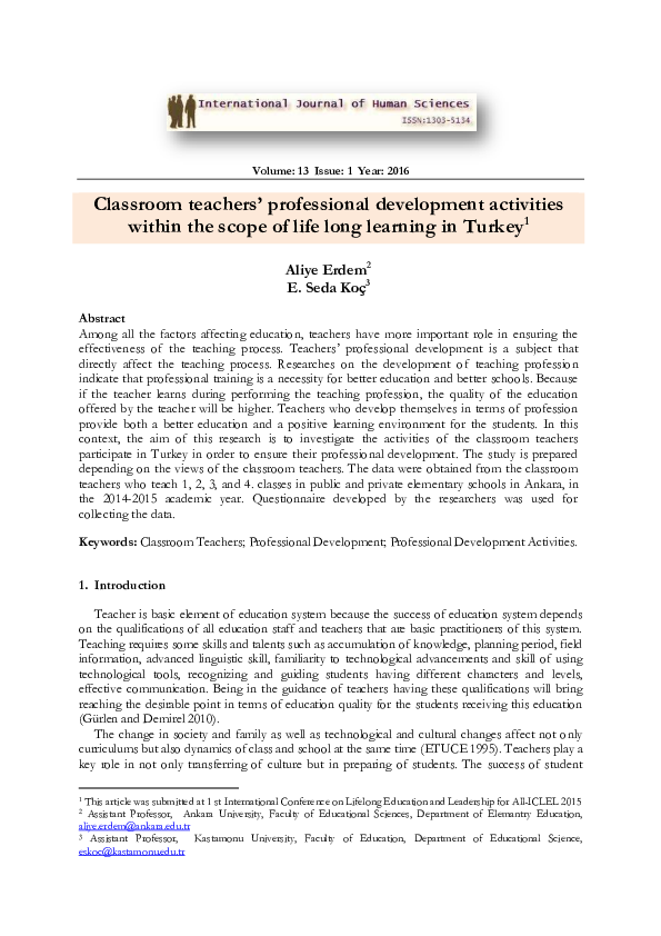 (PDF) Classroom teachers’ professional development activities within the scope of life long ...