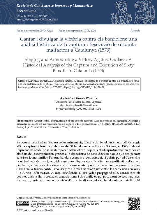 (PDF) Cantar i divulgar la victòria contra els bandolers: una anàlisi històrica de la captura i ...