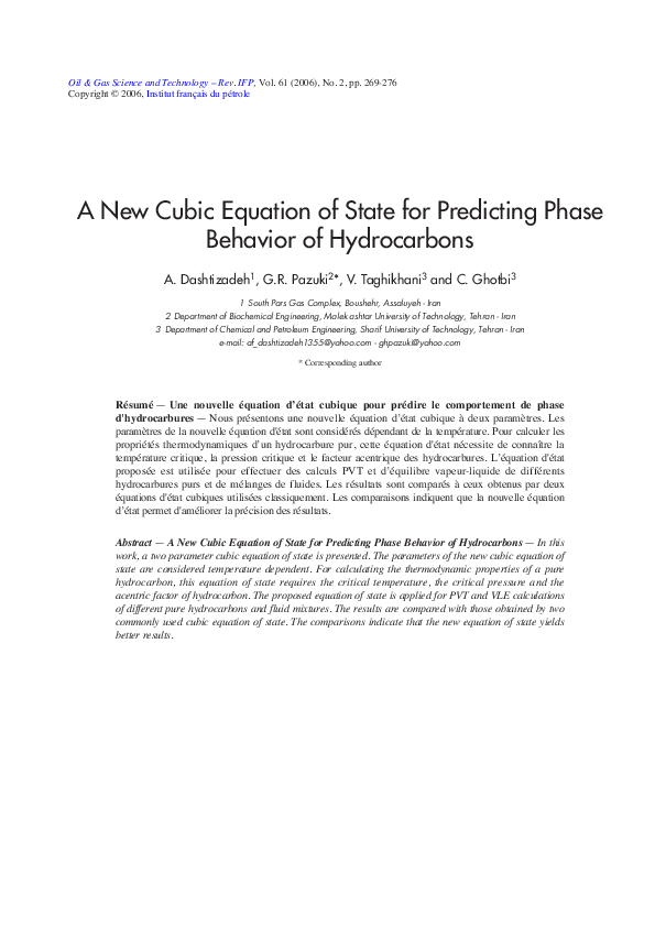 (PDF) A New Cubic Equation of State for Predicting Phase Behavior of ...