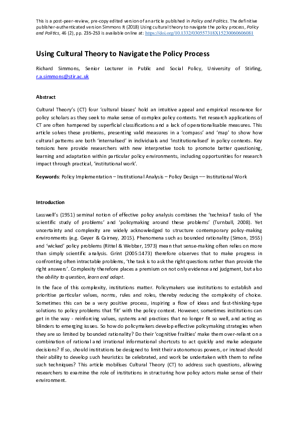 (PDF) Using cultural theory to navigate the policy process