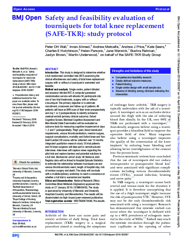 (PDF) Safety and feasibility evaluation of tourniquets for total knee ...