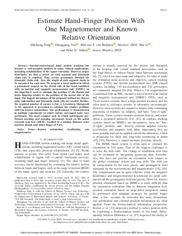 (PDF) Estimate Hand–Finger Position With One Magnetometer and Known ...