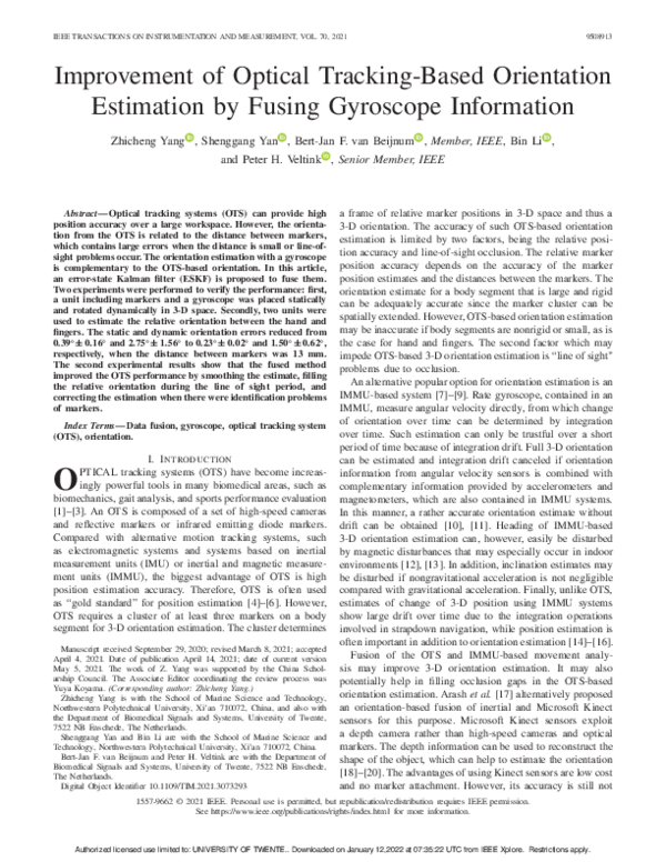 (PDF) Improvement of Optical Tracking-Based Orientation Estimation by Fusing Gyroscope Information