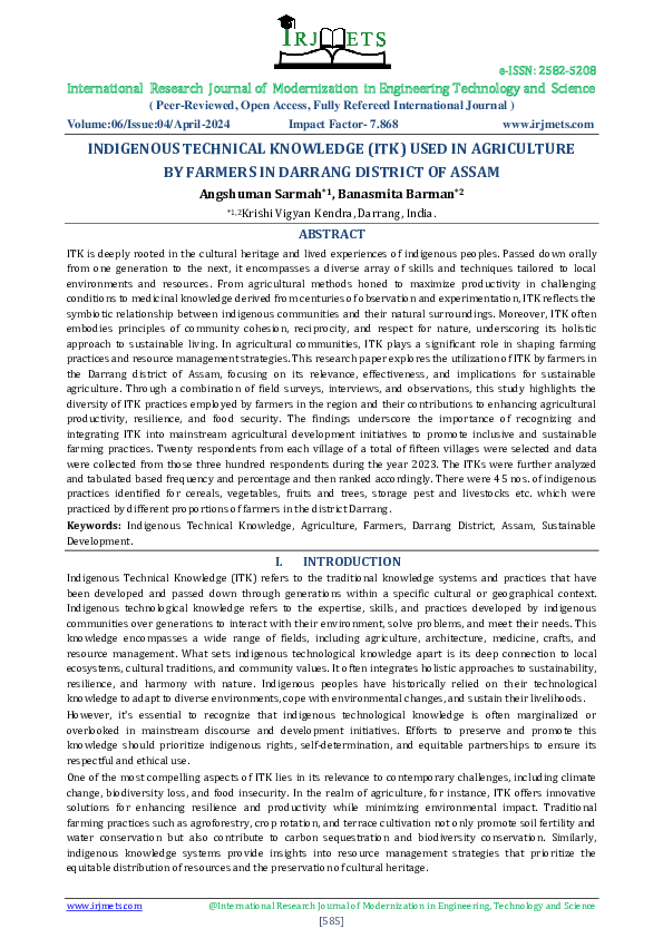 (PDF) INDIGENOUS TECHNICAL KNOWLEDGE (ITK) USED IN AGRICULTURE BY FARMERS IN DARRANG DISTRICT OF ...