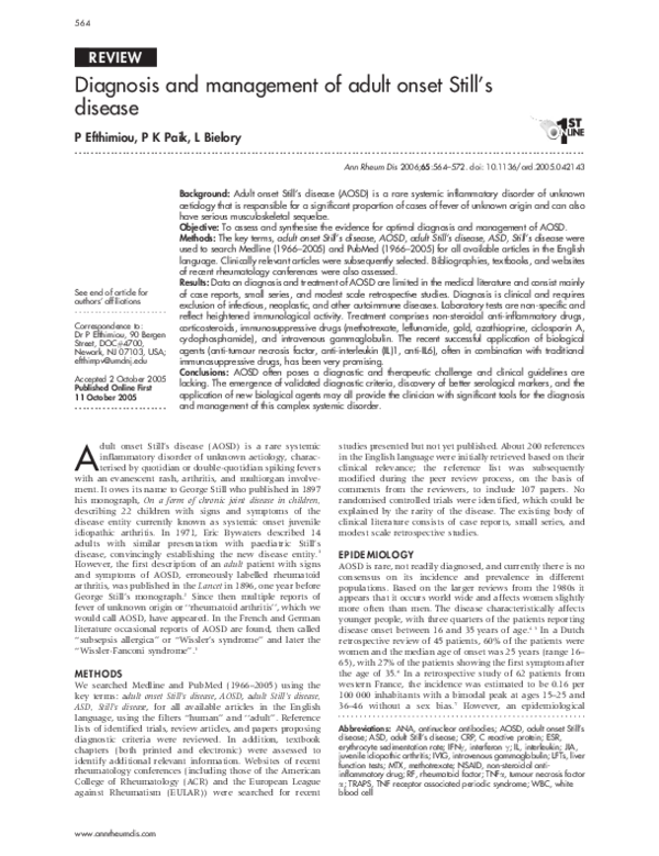 (PDF) Diagnosis and management of adult onset Still's disease