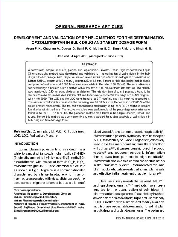 Pdf Development And Validation Of Rp Hplc Method For The Determination Of Zolmitriptan In Bulk