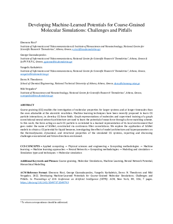 (PDF) Developing Machine-Learned Potentials for Coarse-Grained Molecular Simulations: Challenges ...