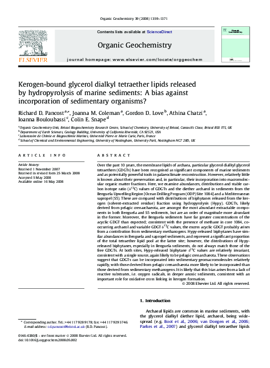 (PDF) Kerogen-bound glycerol dialkyl tetraether lipids released by ...