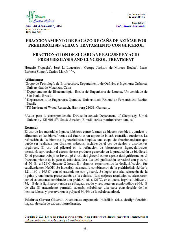 (PDF) Fraccionamiento De Bagazo De Caña De Azúcar Por Prehidrólisis ...