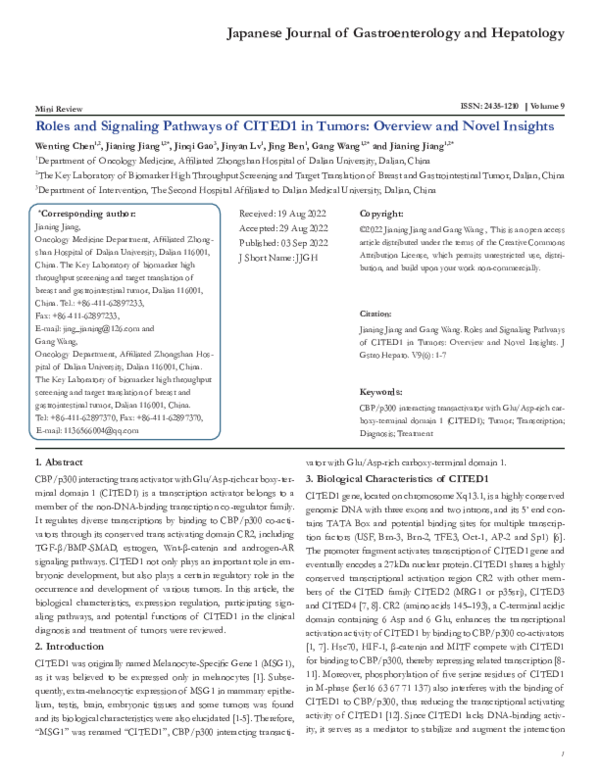 (PDF) Roles and Signaling Pathways of CITED1 in Tumors: Overview and ...