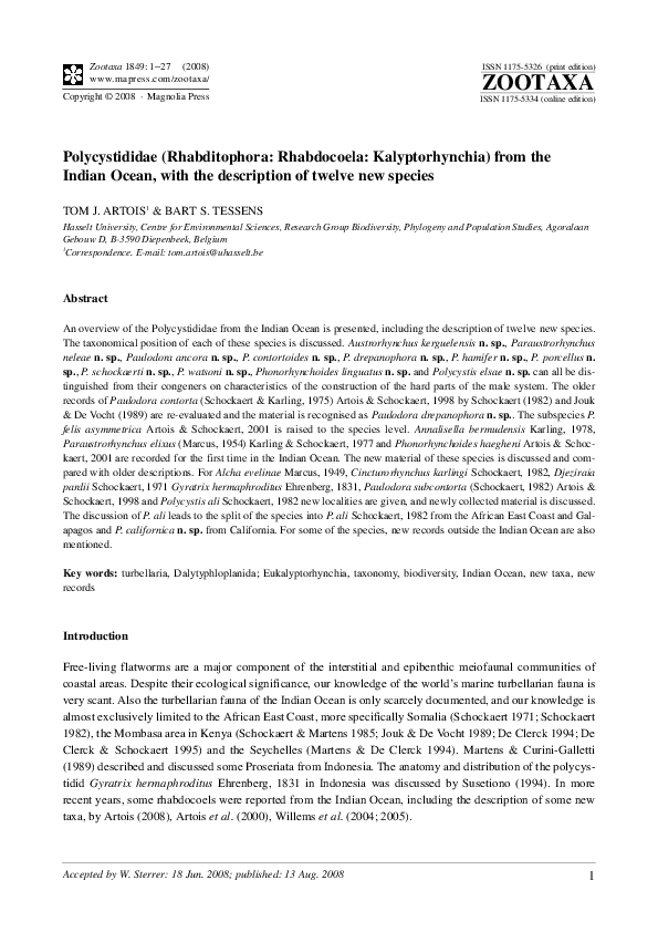 (PDF) Polycystididae (Rhabditophora: Rhabdocoela: Kalyptorhynchia) from ...