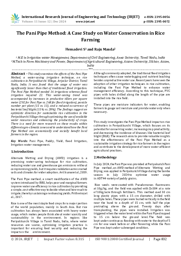 (PDF) The Pani Pipe Method: A Case Study on Water Conservation in Rice ...