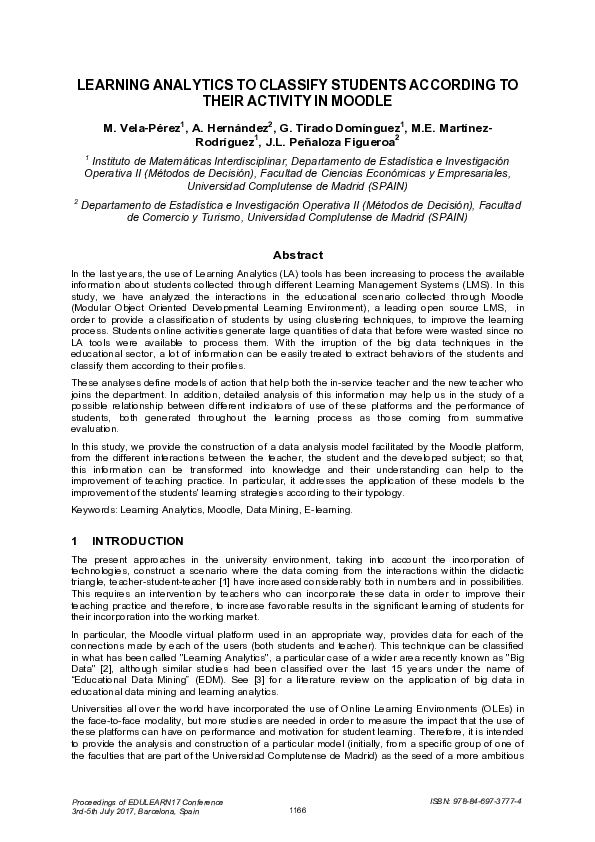(PDF) Learning Analytics to Classify Students According to Their Activity in Moodle