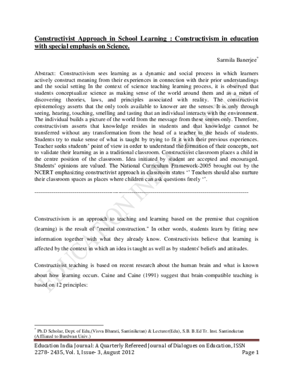 (PDF) Constructivist Approach in School Learning : Constructivism in education with special ...