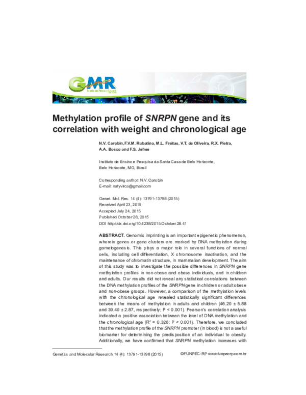 (PDF) Methylation profile of SNRPN gene and its correlation with weight ...