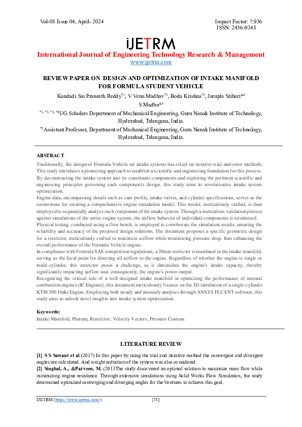 (PDF) REVIEW PAPER ON DESIGN AND OPTIMIZATION OF INTAKE MANIFOLD FOR ...