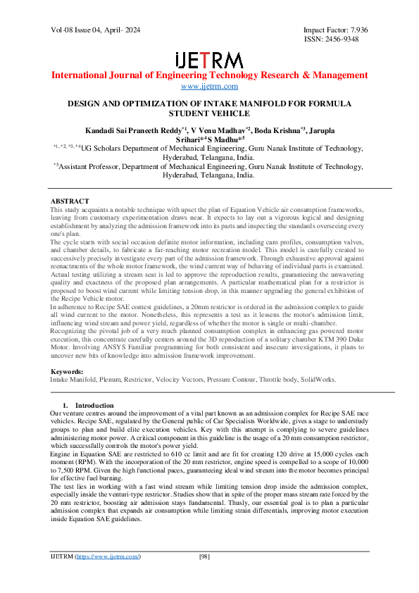 (PDF) DESIGN AND OPTIMIZATION OF INTAKE MANIFOLD FOR FORMULA STUDENT ...
