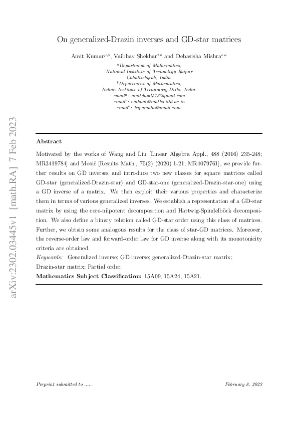 Pdf On Generalized Drazin Inverses And Gd Star Matrices