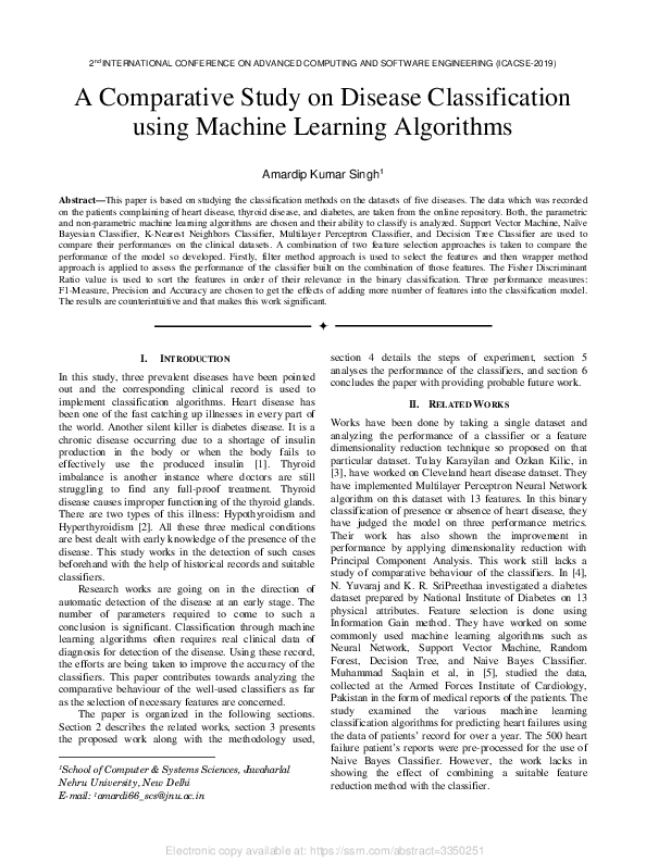 (PDF) A Comparative Study on Disease Classification using Machine ...