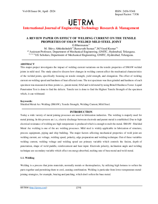(PDF) A REVIEW PAPER ON EFFECT OF WELDING CURRENT ON THE TENSILE ...