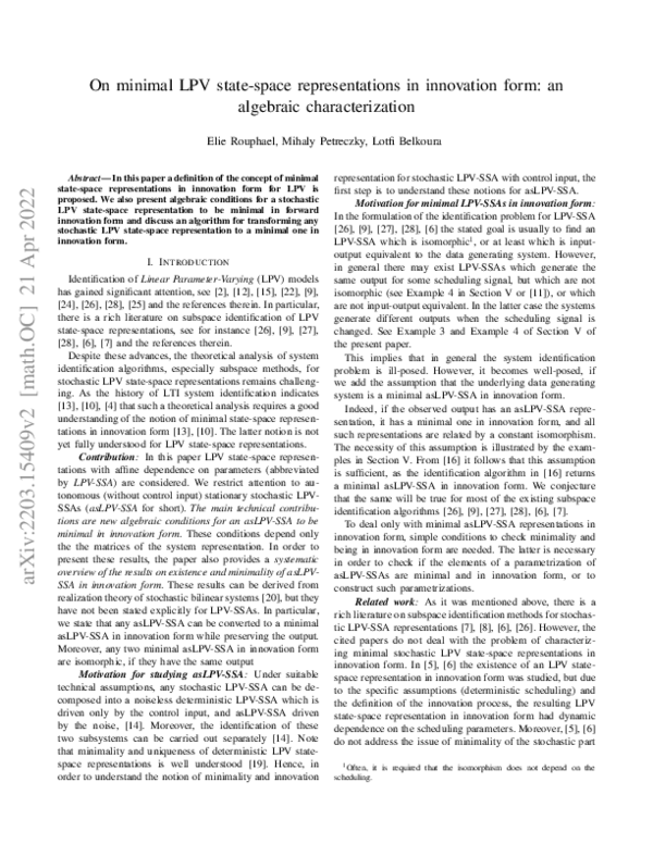 (PDF) On minimal LPV state-space representations in innovation form: an algebraic characterization