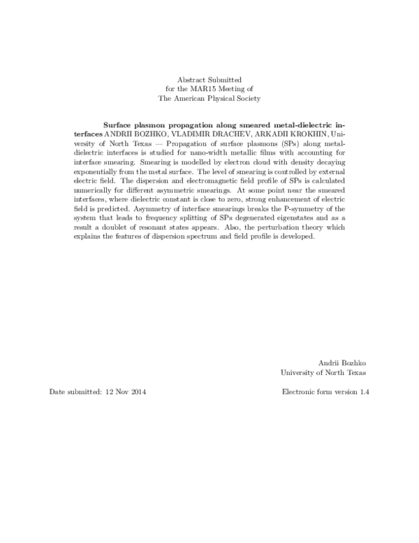 (PDF) Surface plasmon propagation along smeared metal-dielectric interfaces