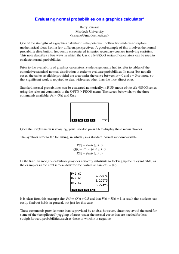 (PDF) Evaluating normal probabilities on a graphics calculator