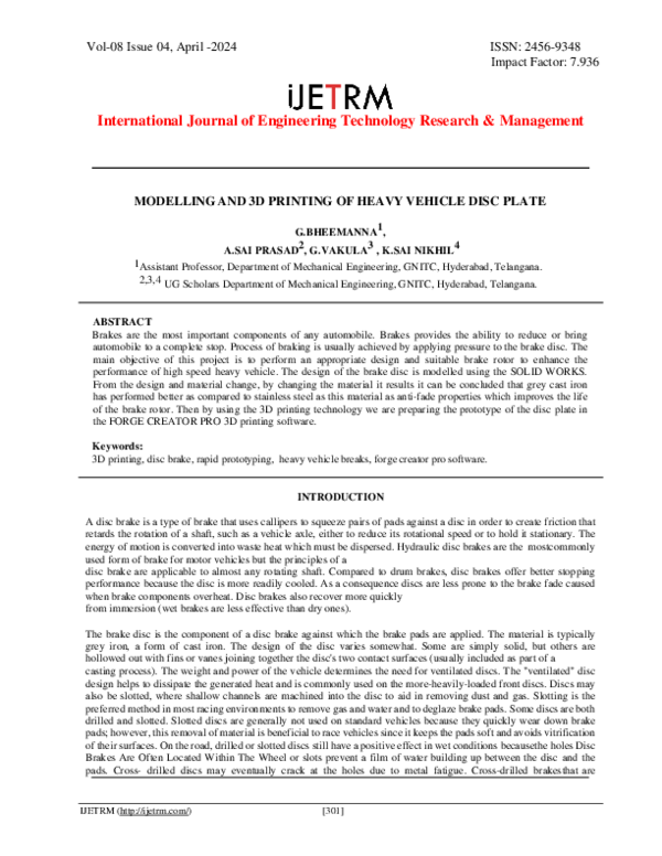 (PDF) MODELLING AND 3D PRINTING OF HEAVY VEHICLE DISC PLATE